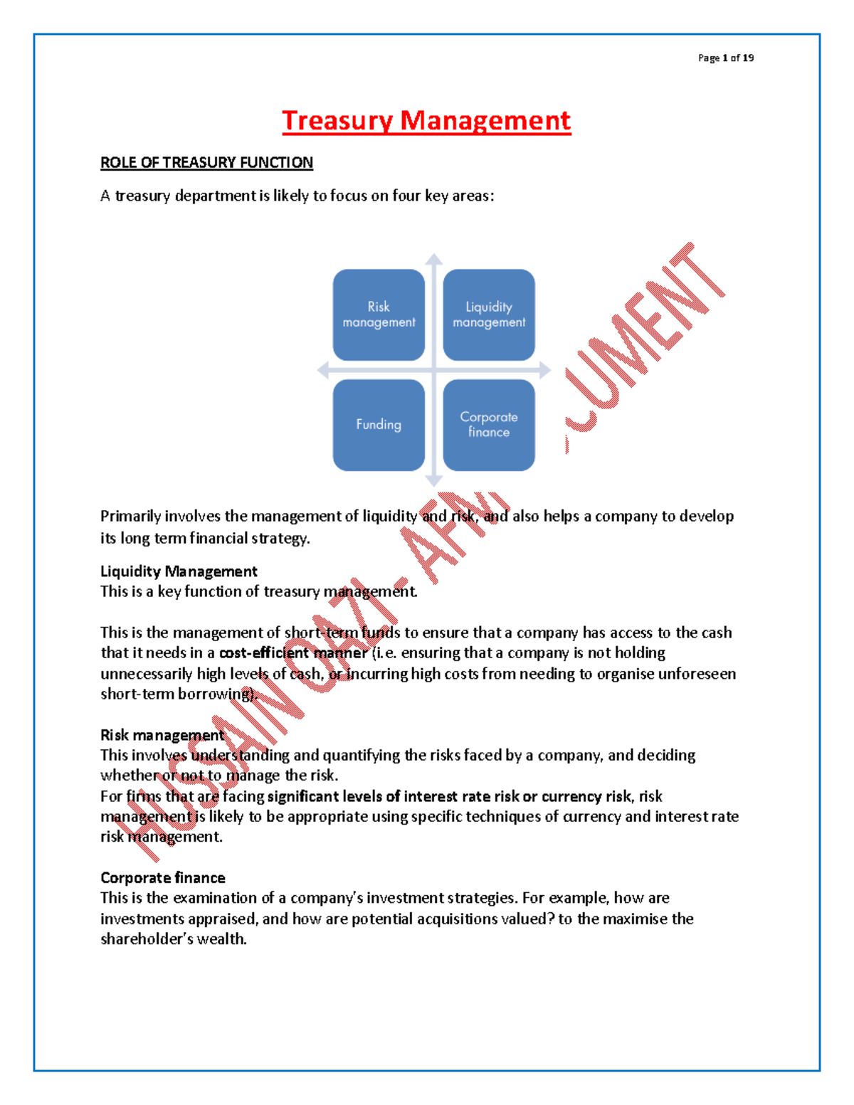 4. AFM Notes Treasury Management - Treasury Management ROLE OF TREASURY ...