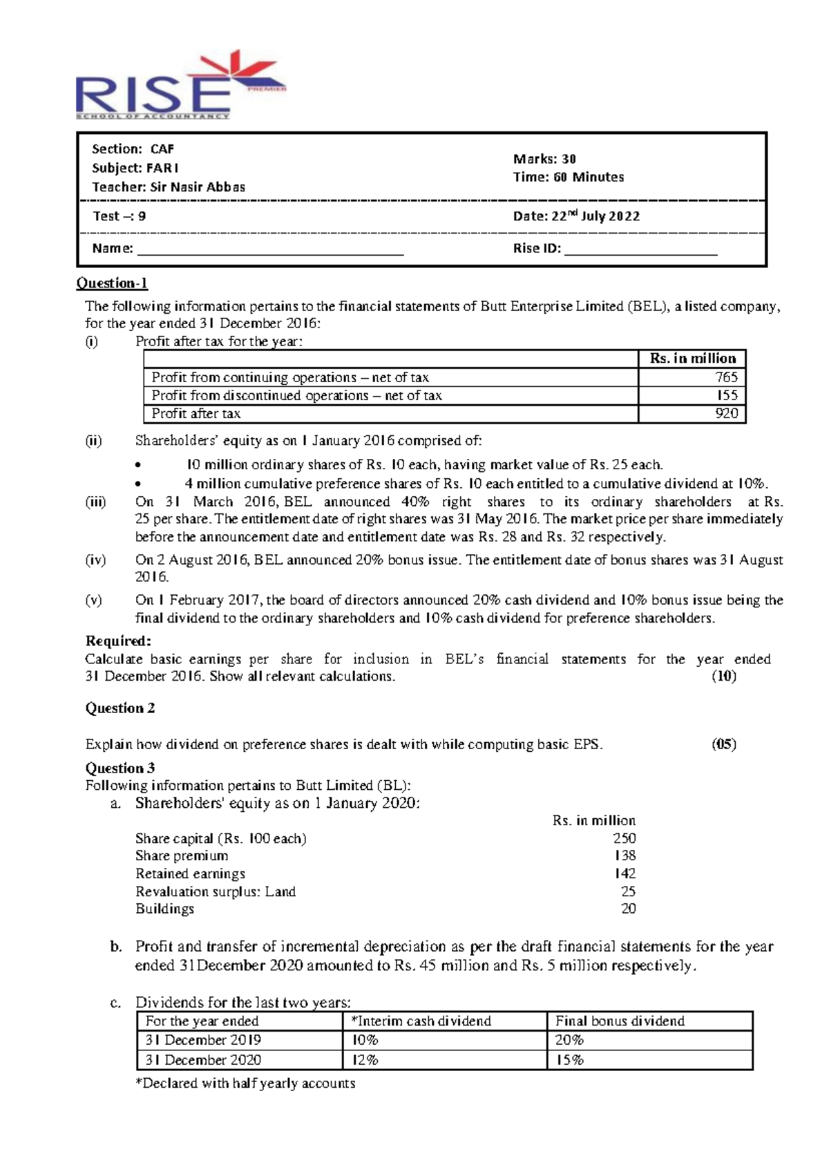Test 9 - SNA Tests Aut 22 - Question- The following information ...