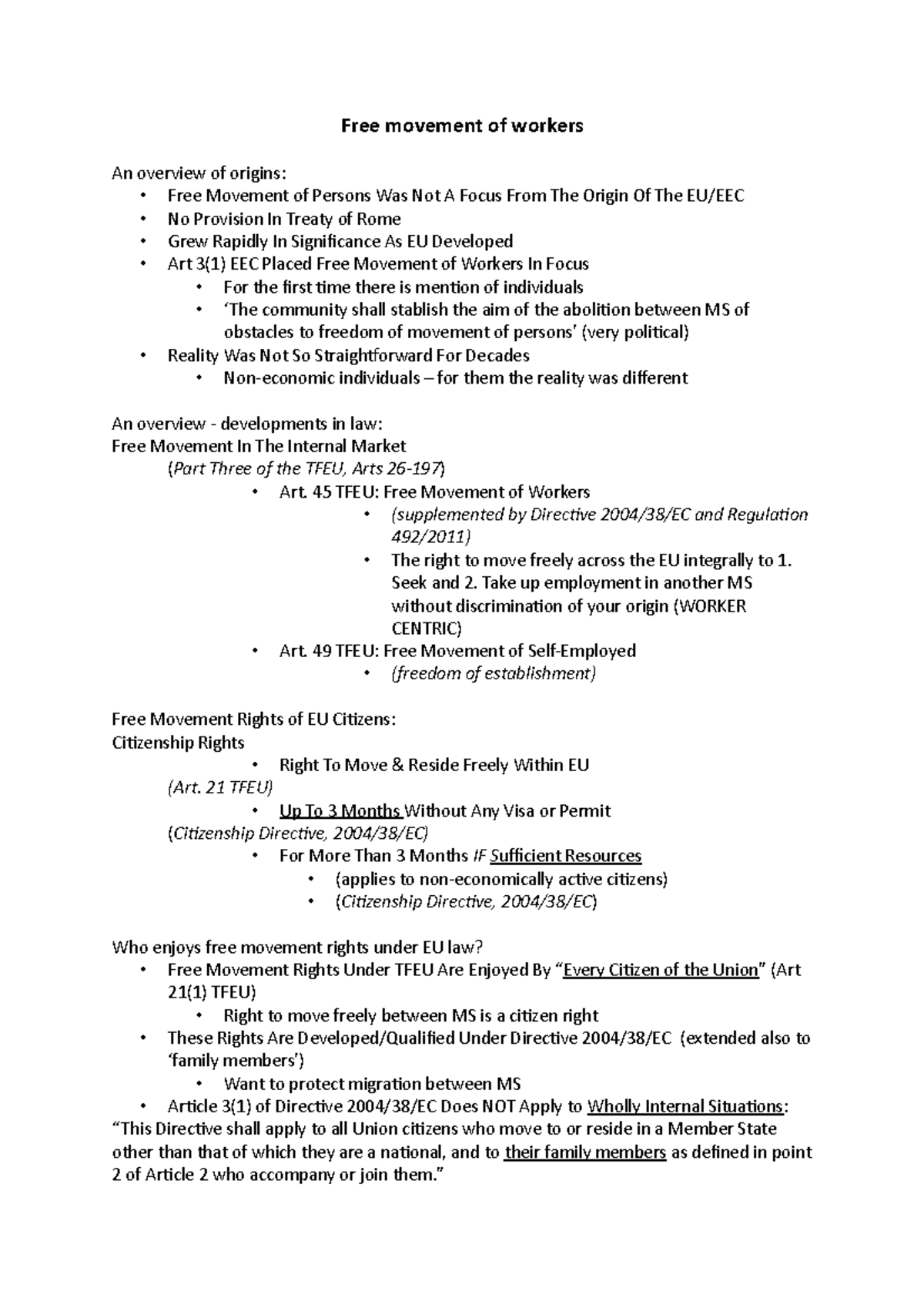Free movement of workers - 45 TFEU: Free Movement of Workers ...