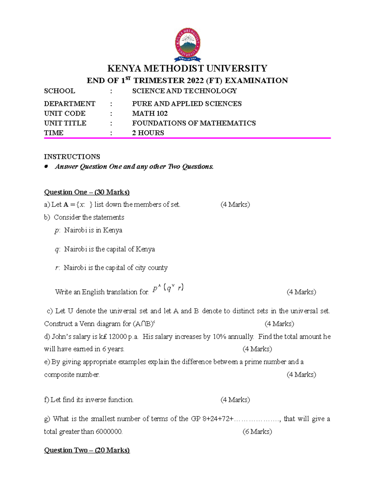 MATH 102 - Foundations of Mathematics - KENYA METHODIST UNIVERSITY END OF 1ST TRIMESTER 2022 (FT ...