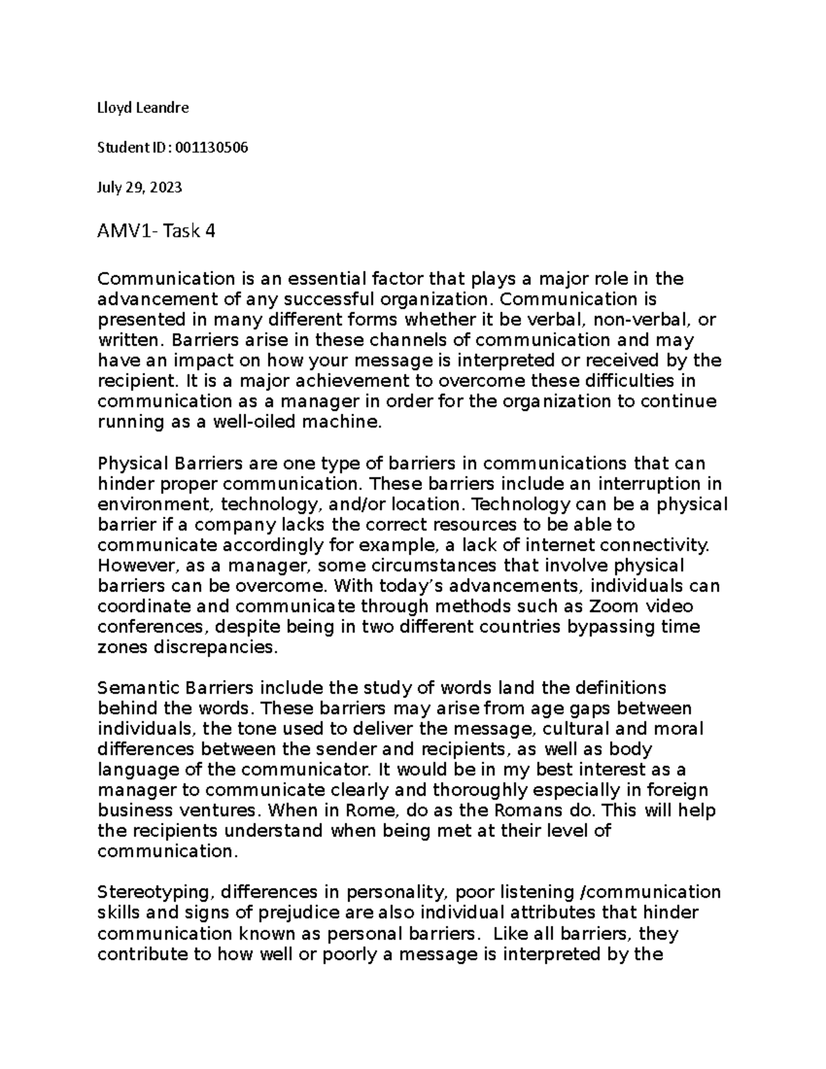 AMV1- Task 4 - Task 4 Communication Barriers - QHT1 - WGU - Studocu