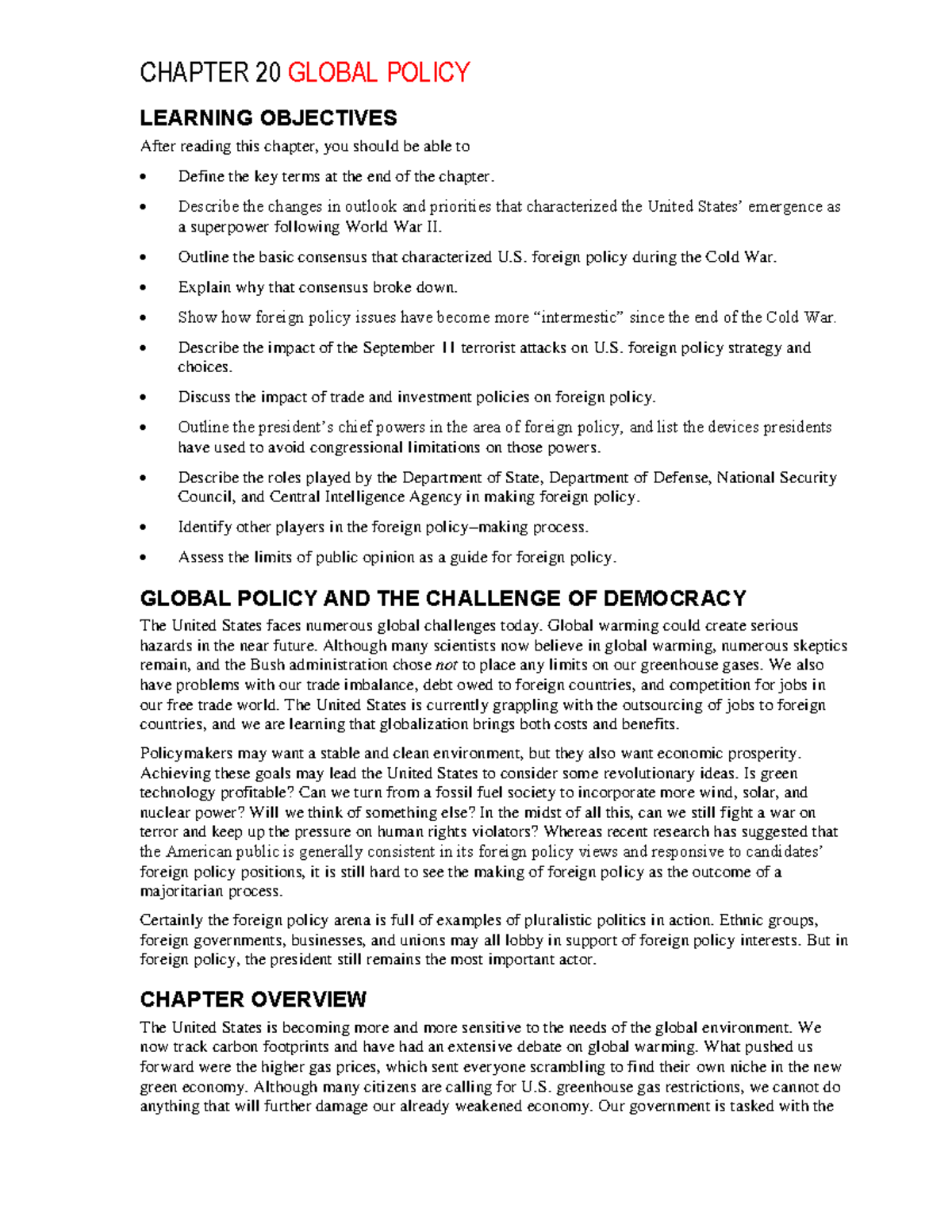 Ch20 Global Policy Exam - CHAPTER 20 GLOBAL POLICY LEARNING OBJECTIVES ...