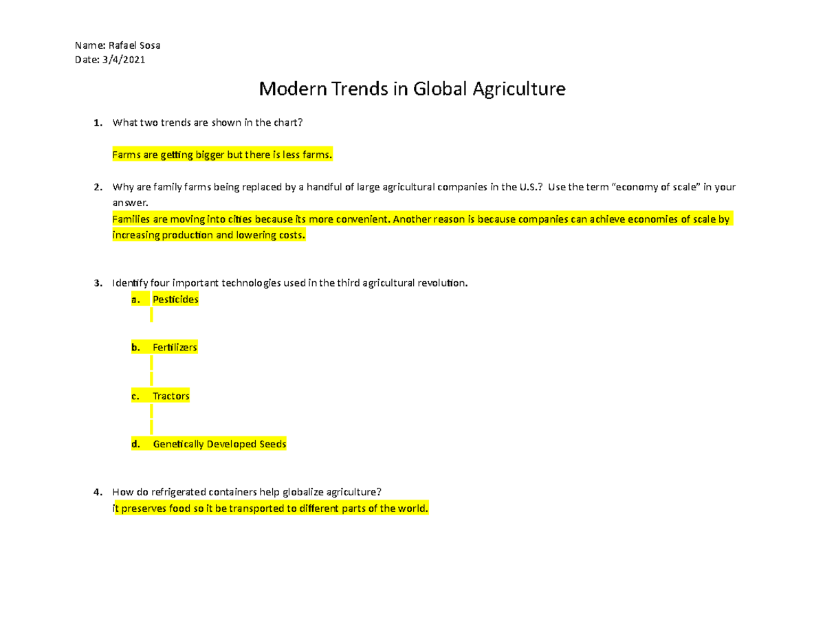 Lesson 2. Modern Trends in Agriculture Handout - Date: 3/4/ Modern ...