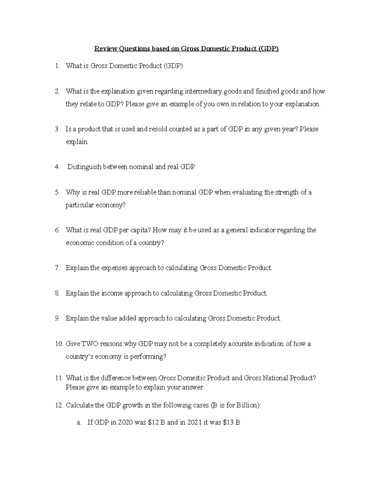 Review Questions based on GDP - Gross Domestic Product - Review ...
