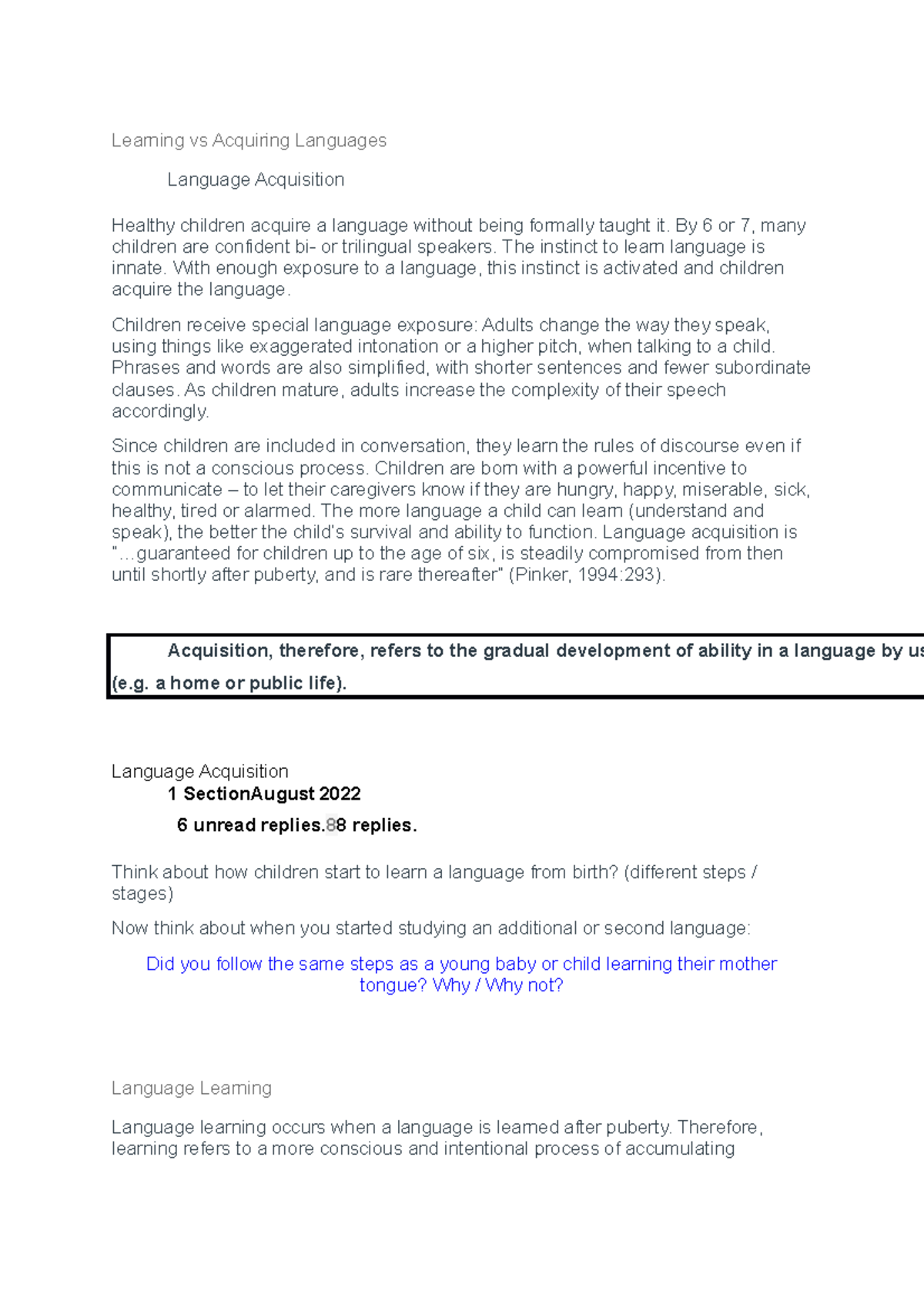 TEFL 1 - COURSE NOTES - Learning vs Acquiring Languages Language ...