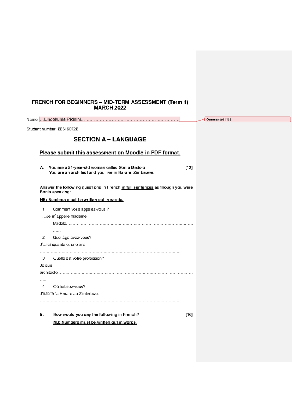 Mid-term assessment 1 Final - FRENCH FOR BEGINNERS – MID-TERM ...