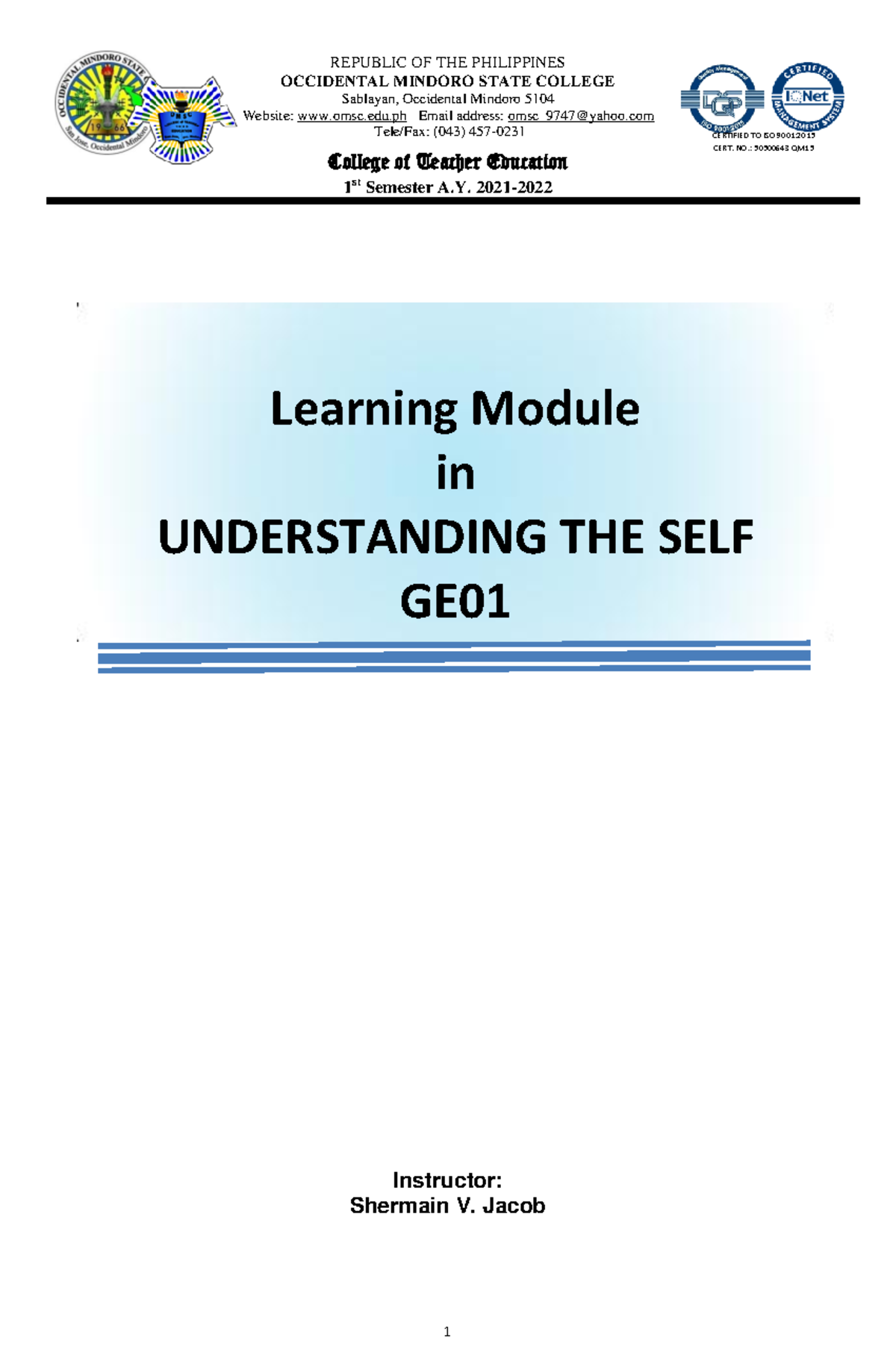 UTS-Midterm-Module - Ge bo be - REPUBLIC OF THE PHILIPPINES OCCIDENTAL ...