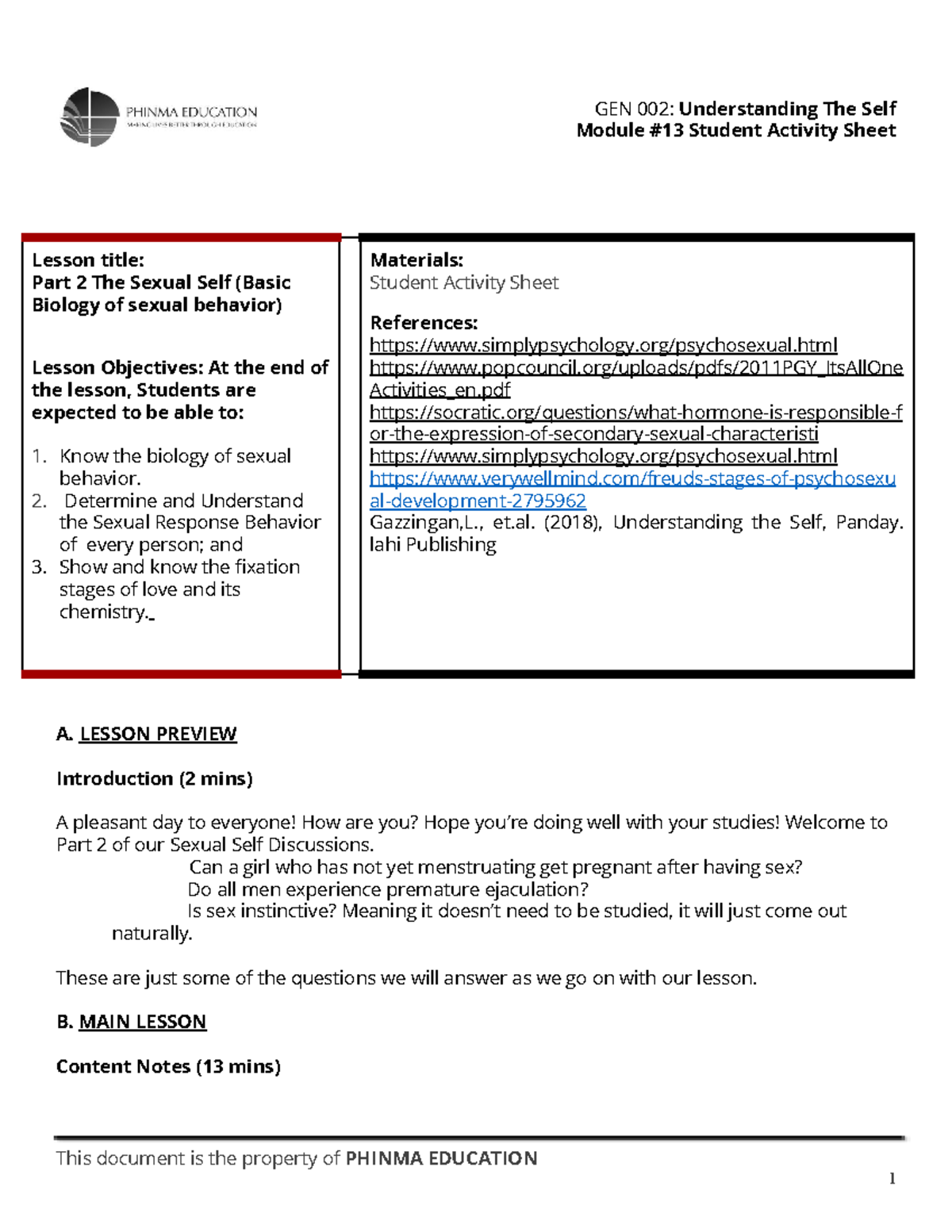 SAS#13- GEN 002 - Lecture notes 1 - Module #13 Student Activity Sheet ...
