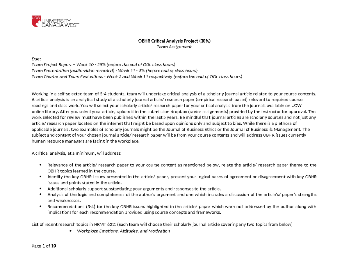OBHR Critical Analysis Project - A critical analysis is an analytical ...