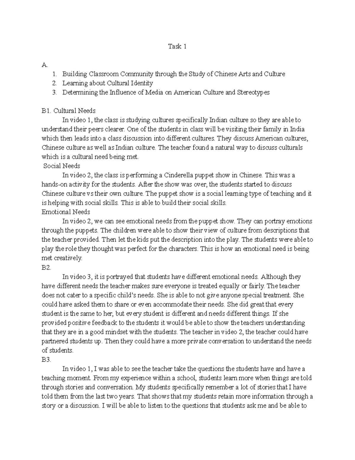 Task 1 - TASK 1 - Task 1 A. 1. Building Classroom Community through the ...