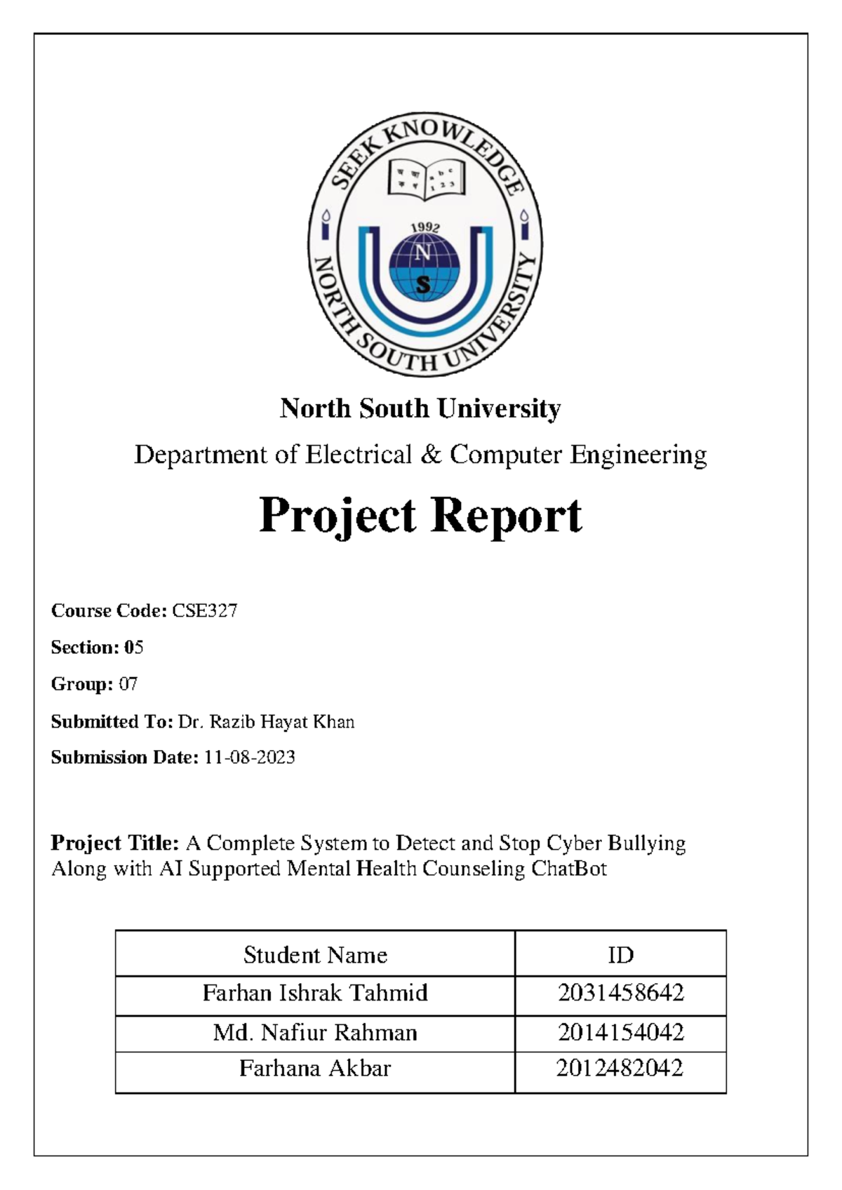 CSE327 5 Group(7) Project report - North South University Department of Electrical & Computer ...