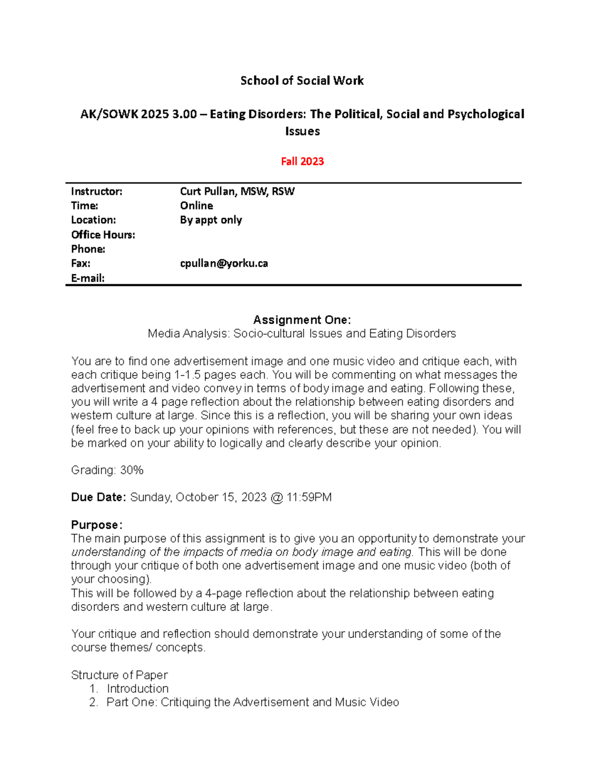 SOWK 2025 - Assignment One Outline Fall 2023 - C Pullan - School of ...