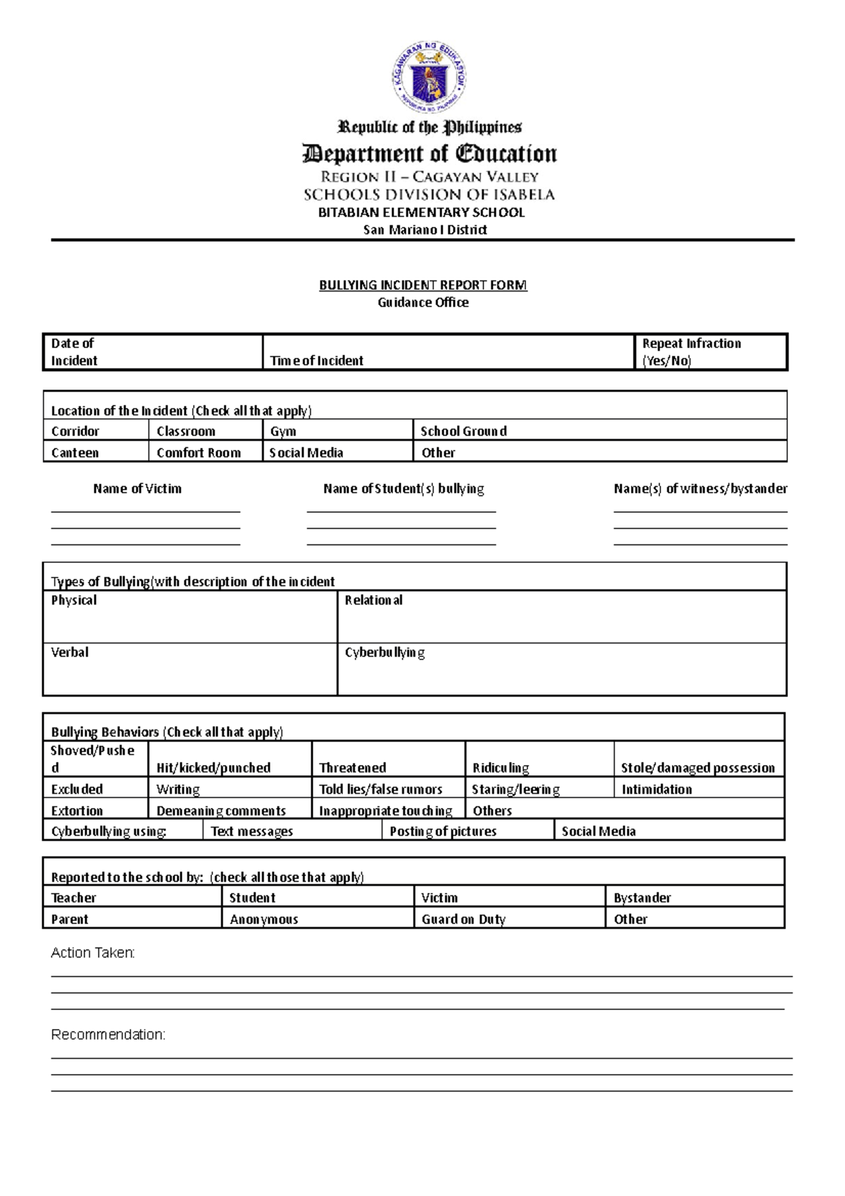 Bullying Incident Report Form - BITABIAN ELEMENTARY SCHOOL San Mariano ...