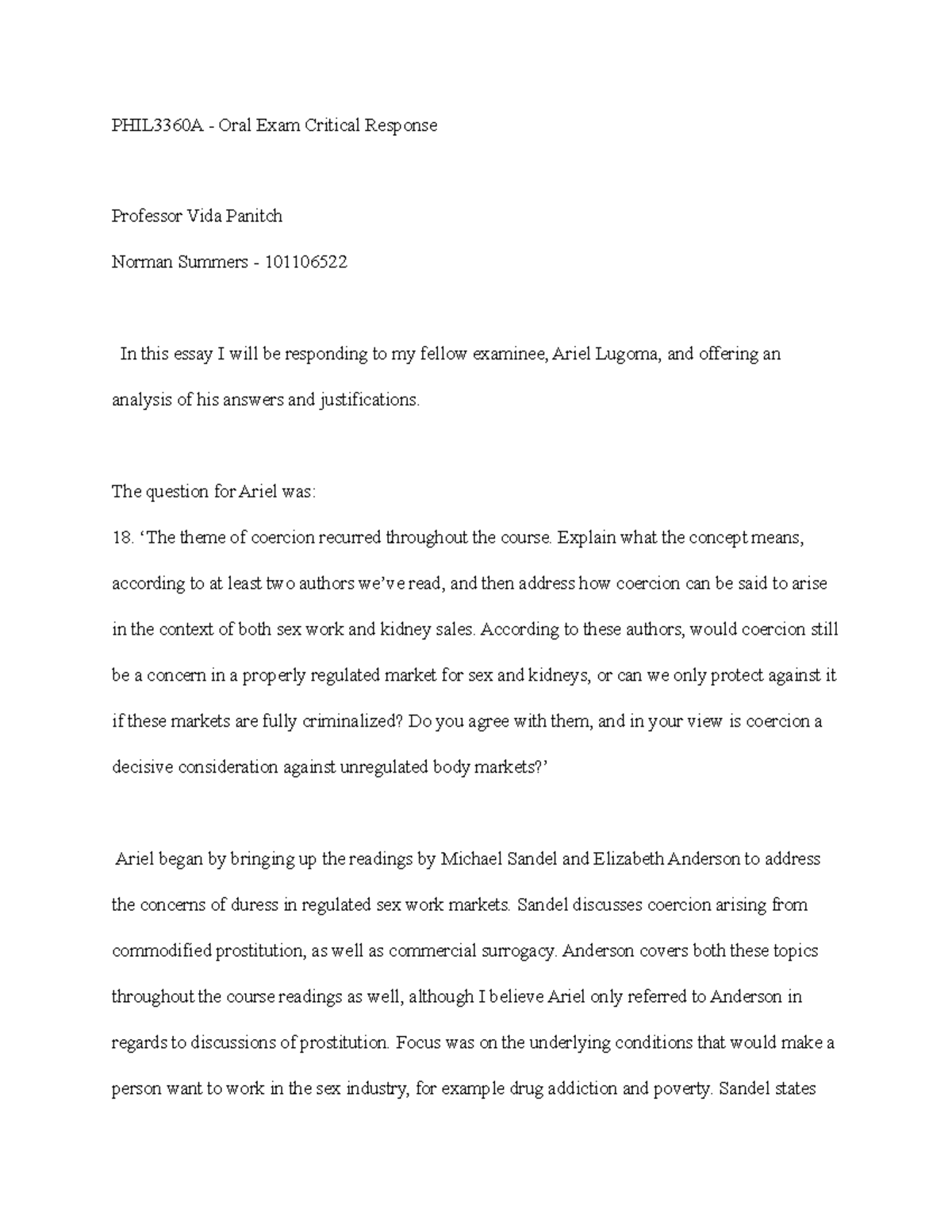 Critical Response - PHIL3360 - PHIL3360A - Oral Exam Critical Response ...