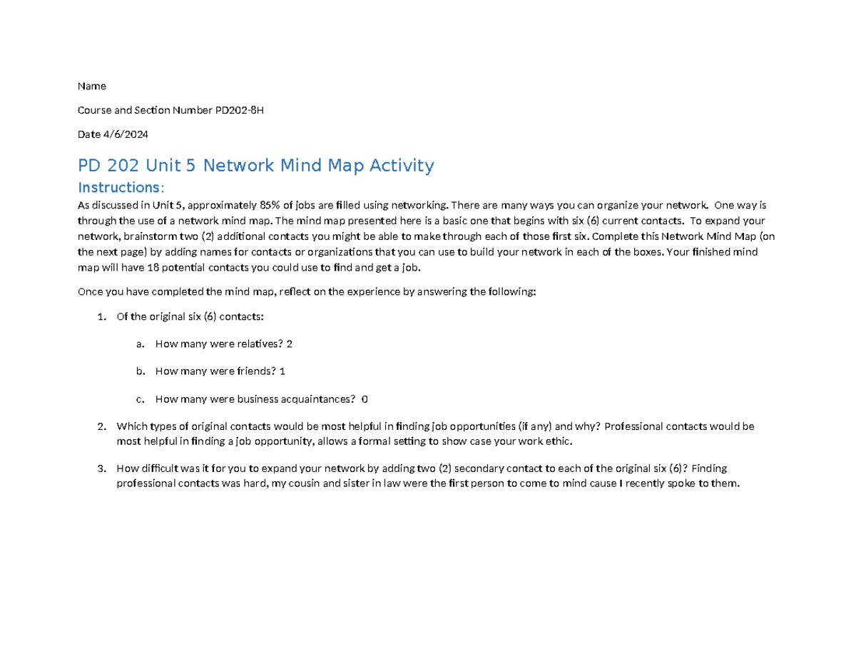 PD202 Unit 5 Network Mind Map Worksheet - Name Course and Section Number PD202-8H Date 4/6/ PD ...