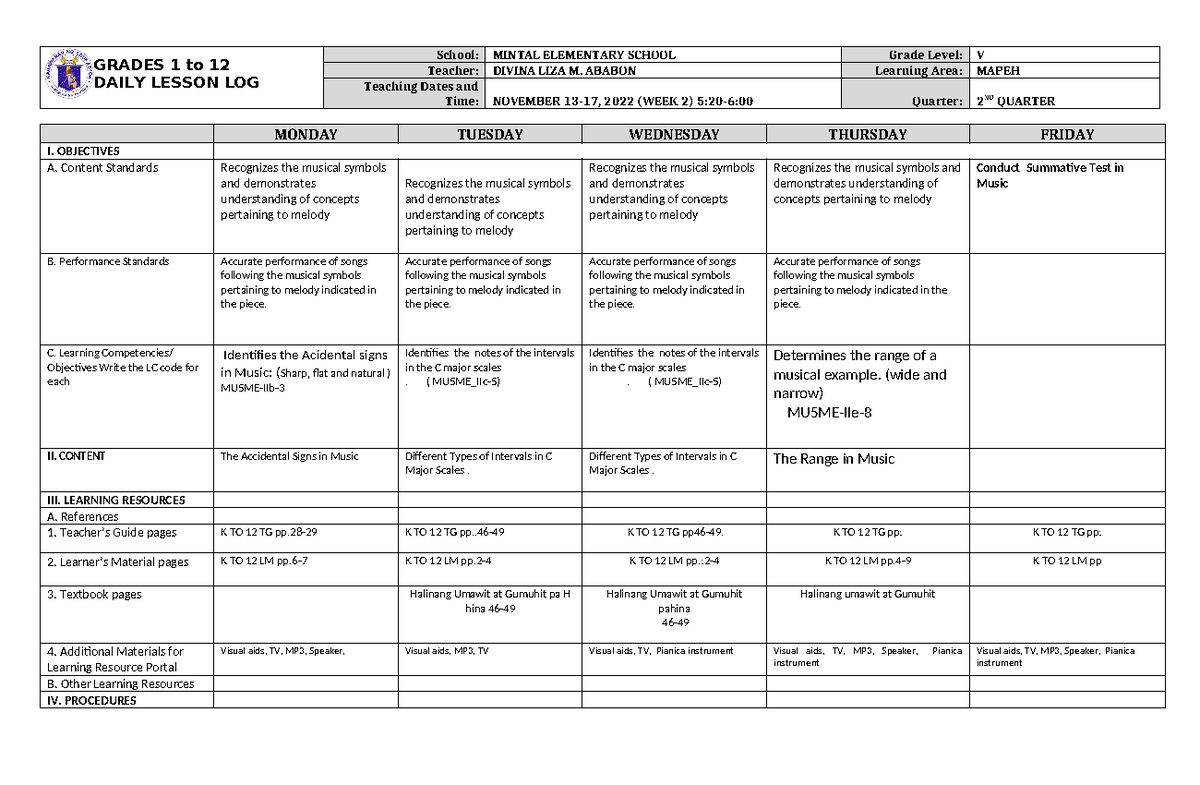 DLL Mapeh-5 Q2 W2 - daily lesson log - GRADES 1 to 12 DAILY LESSON LOG ...