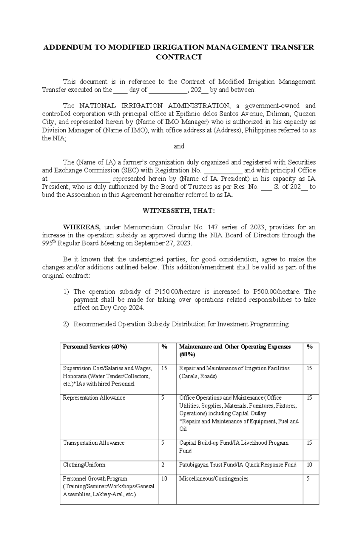 Revised Addendum to IMT contract 1 - ADDENDUM TO MODIFIED IRRIGATION ...