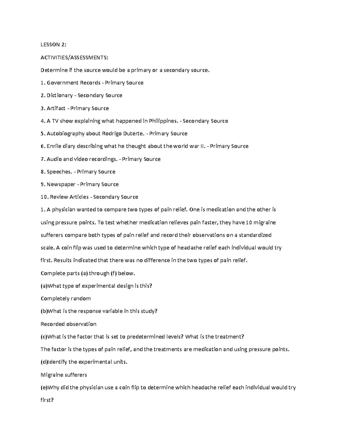 Statistics Lesson 2 Answer - LESSON 2: ACTIVITIES/ASSESSMENTS ...