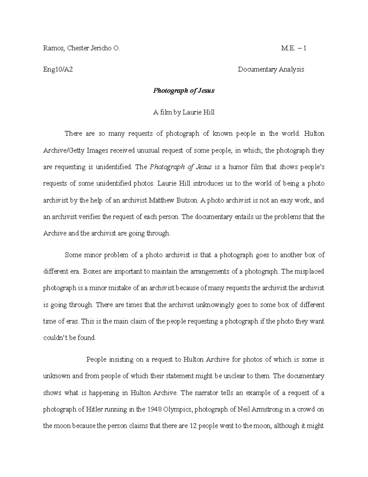 Documentary analysis by Ramos - Ramos, Chester Jericho O. M. – 1 Eng10 ...