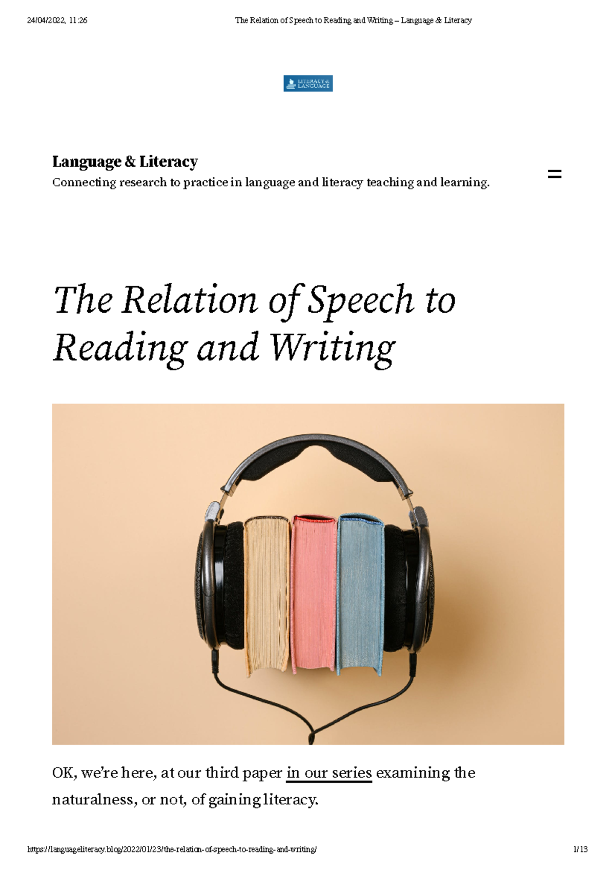 The Relation of Speech to Reading and Writing – Language & Literacy ...