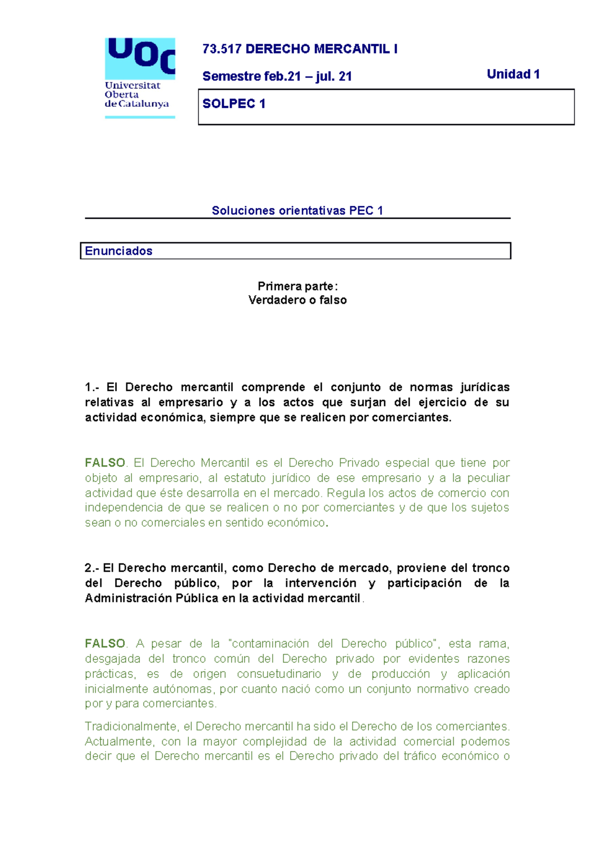 Solpec 1Mercantil I - Semestre feb – jul. 21 Unidad 1 SOLPEC 1 Soluciones orientativas PEC 1 ...
