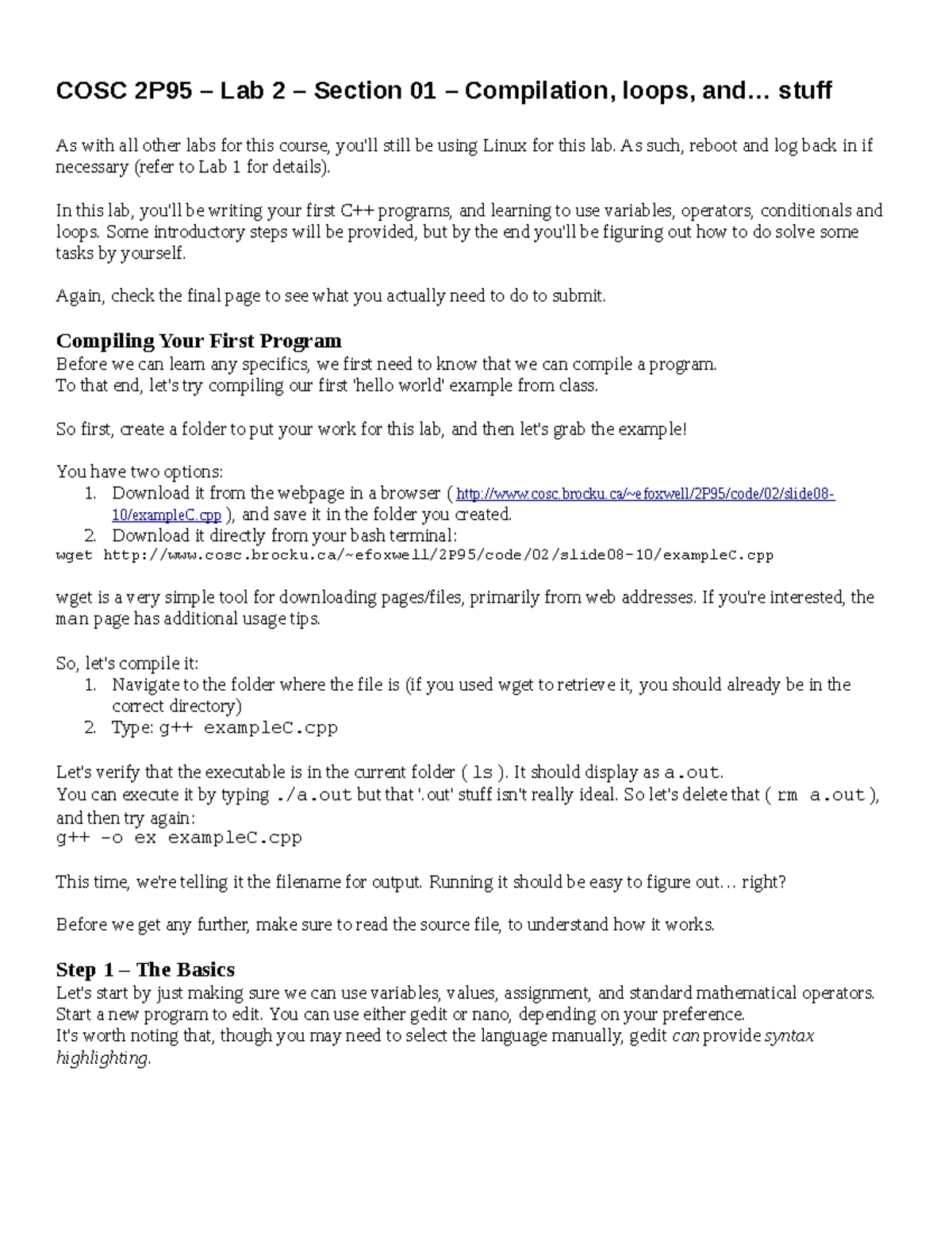 Lab02 - LAB 2 CONTENT - COSC 2P95 – Lab 2 – Section 01 – Compilation ...