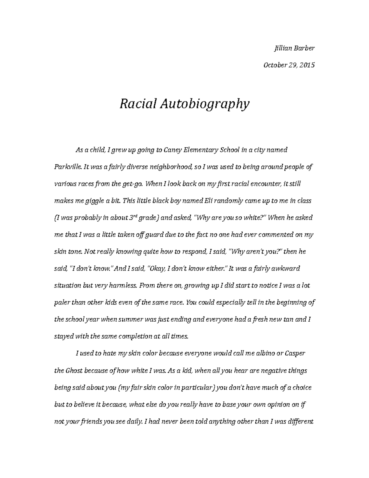 Racial Autobiography and White Privilege - Studocu
