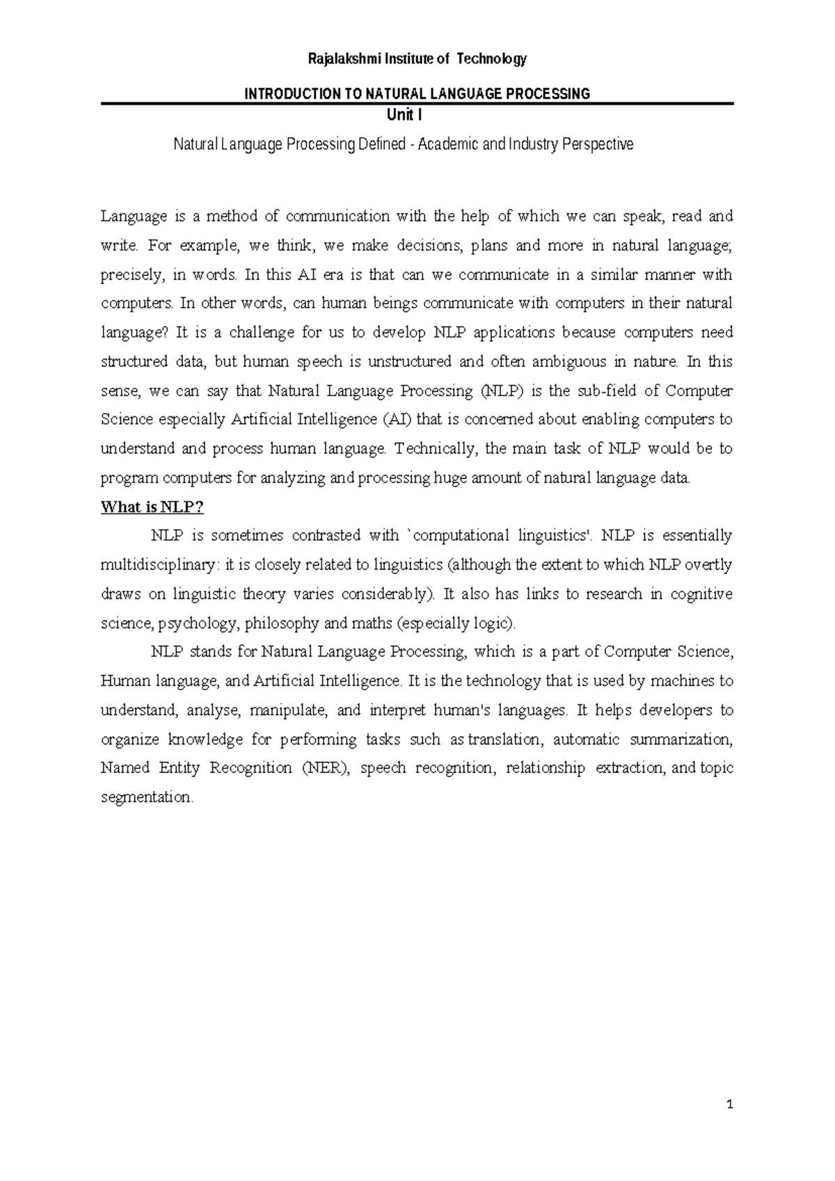 Natural language processing - INTRODUCTION TO NATURAL LANGUAGE PROCESSING Unit I Natural ...