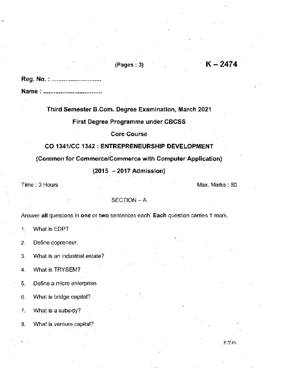 Edp 2021 QP - Question paper - (Pages : 3) K- Reg. No. : Name : Third ...
