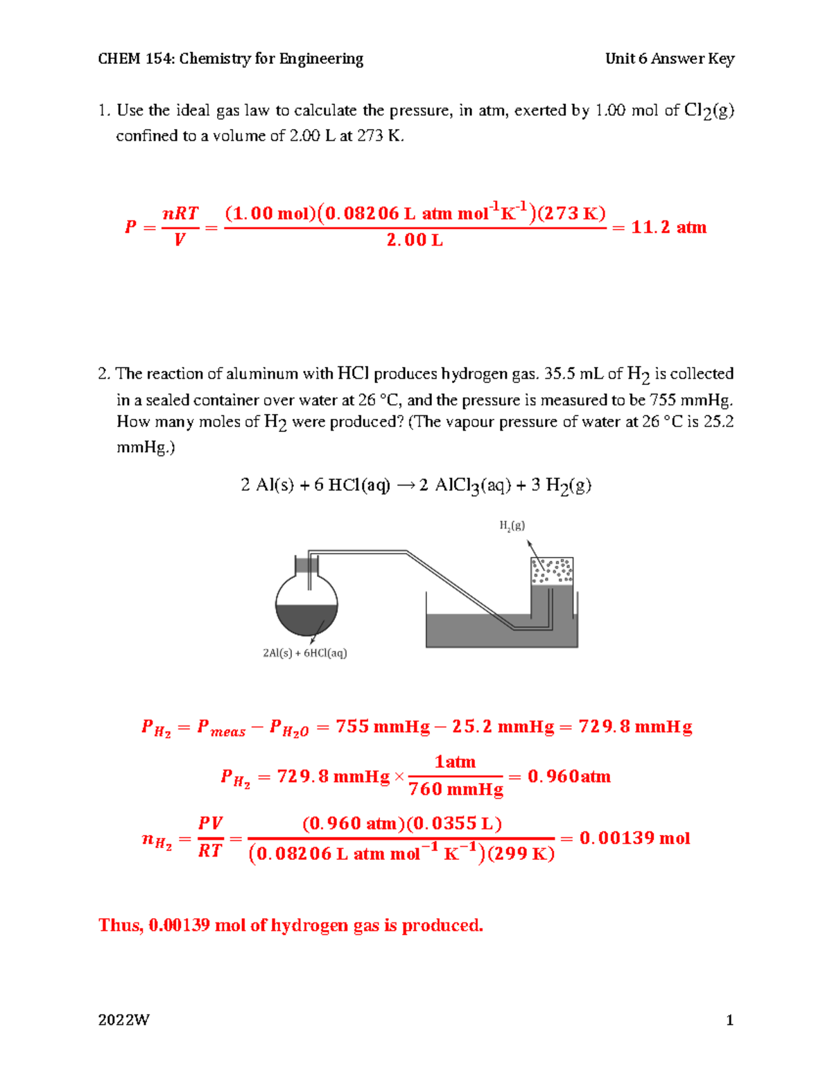 2022W CHEM154-WS-Unit 6 KEY - Use the ideal gas law to calculate the ...