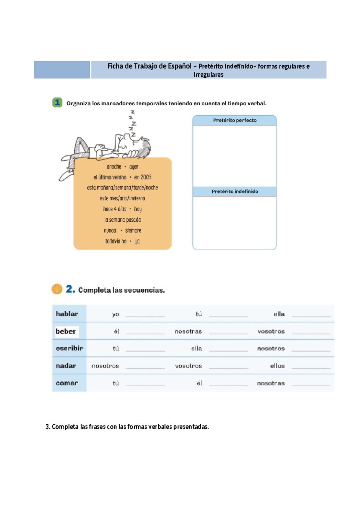 Ficha de trabajo español 12º - pretérito indefinido - Espanhol - Ficha ...