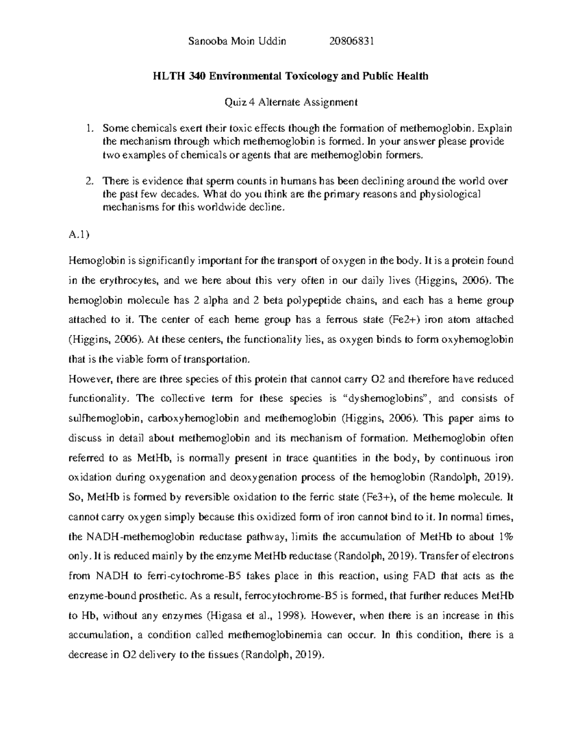 HLTH 340 Env Tox Quiz 4 Alternate Assignment - HLTH 340 Environmental Toxicology and Public ...