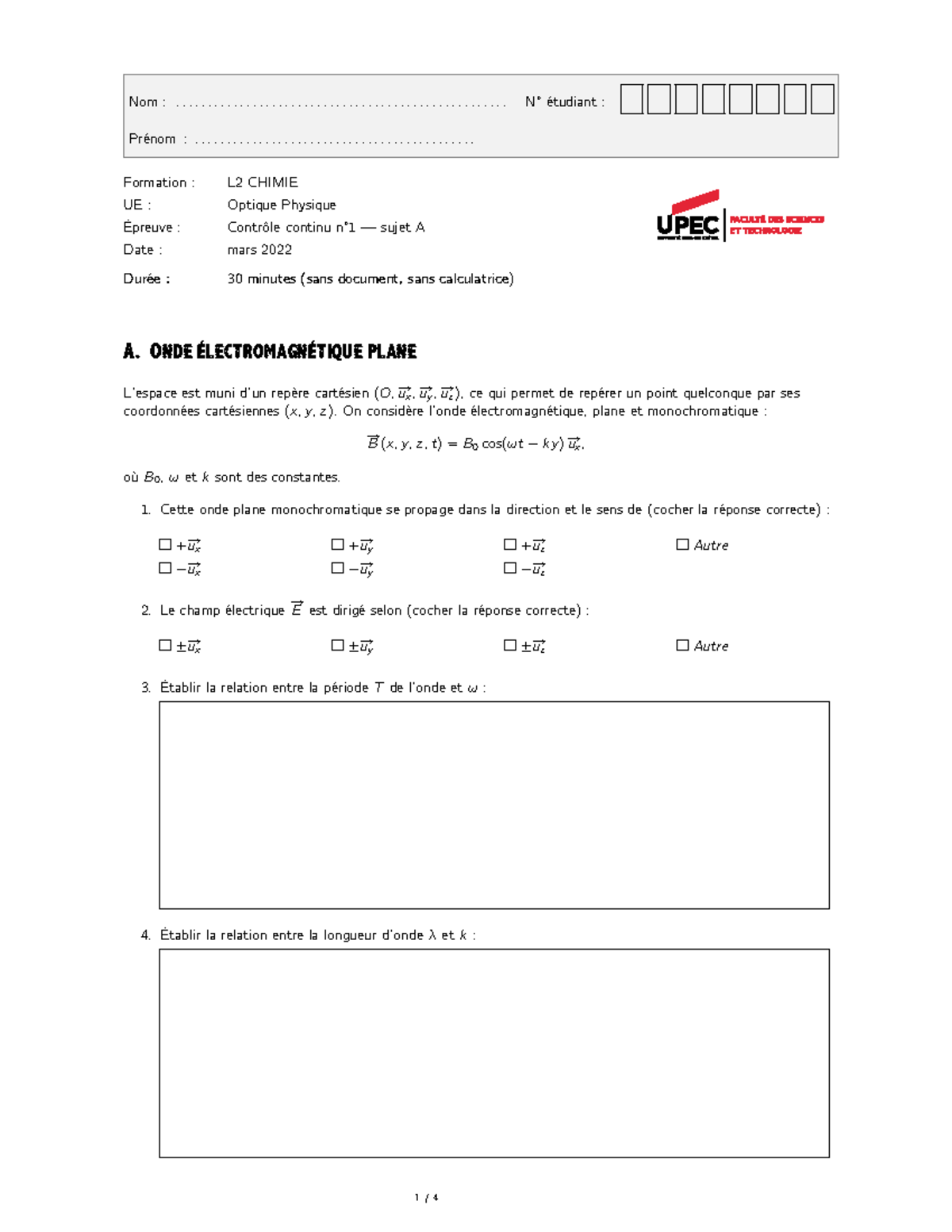 CC1 optique-physique 2021-2022 - Nom :.................................................... N ...