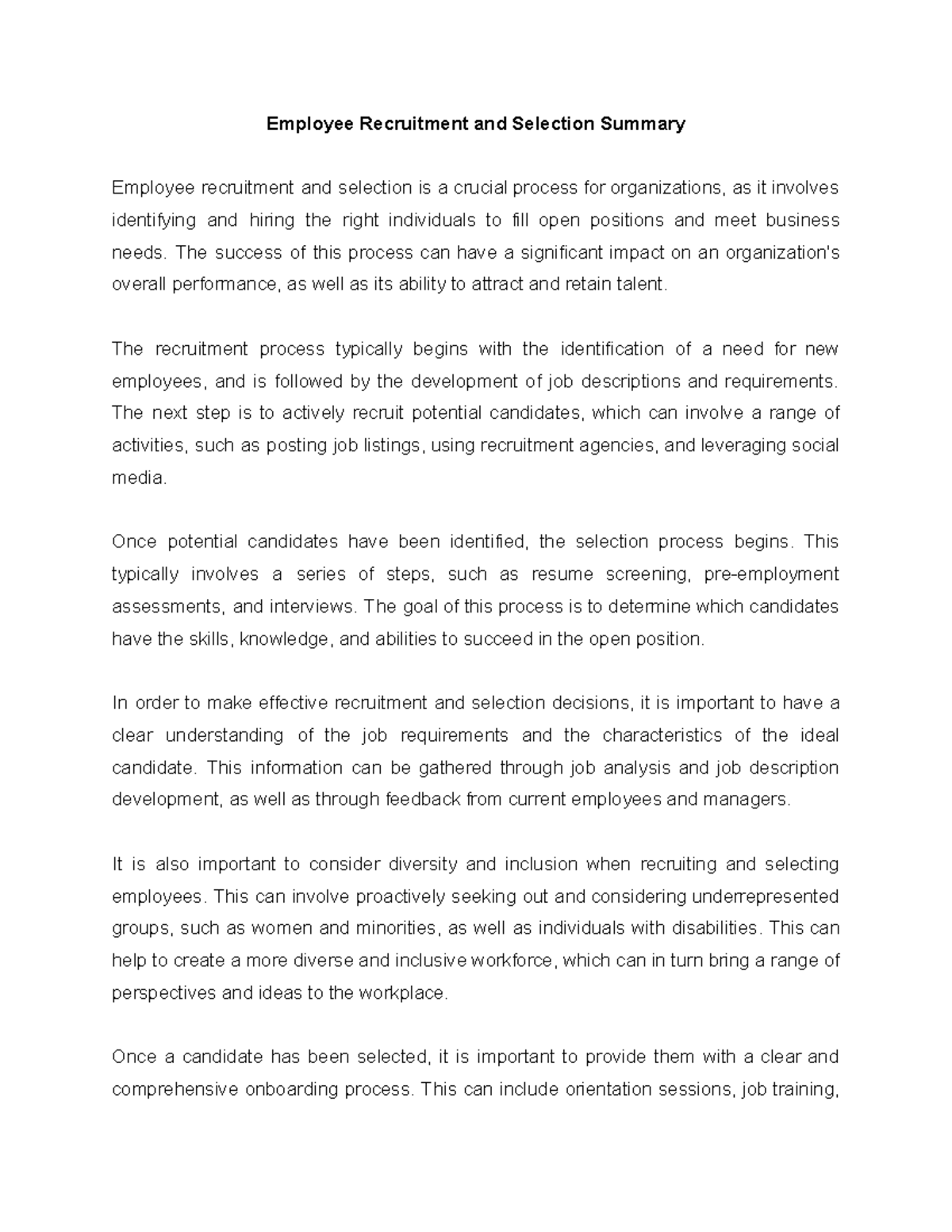Employee Recruitment and Selection Summary The Marketing Mix Summary ...