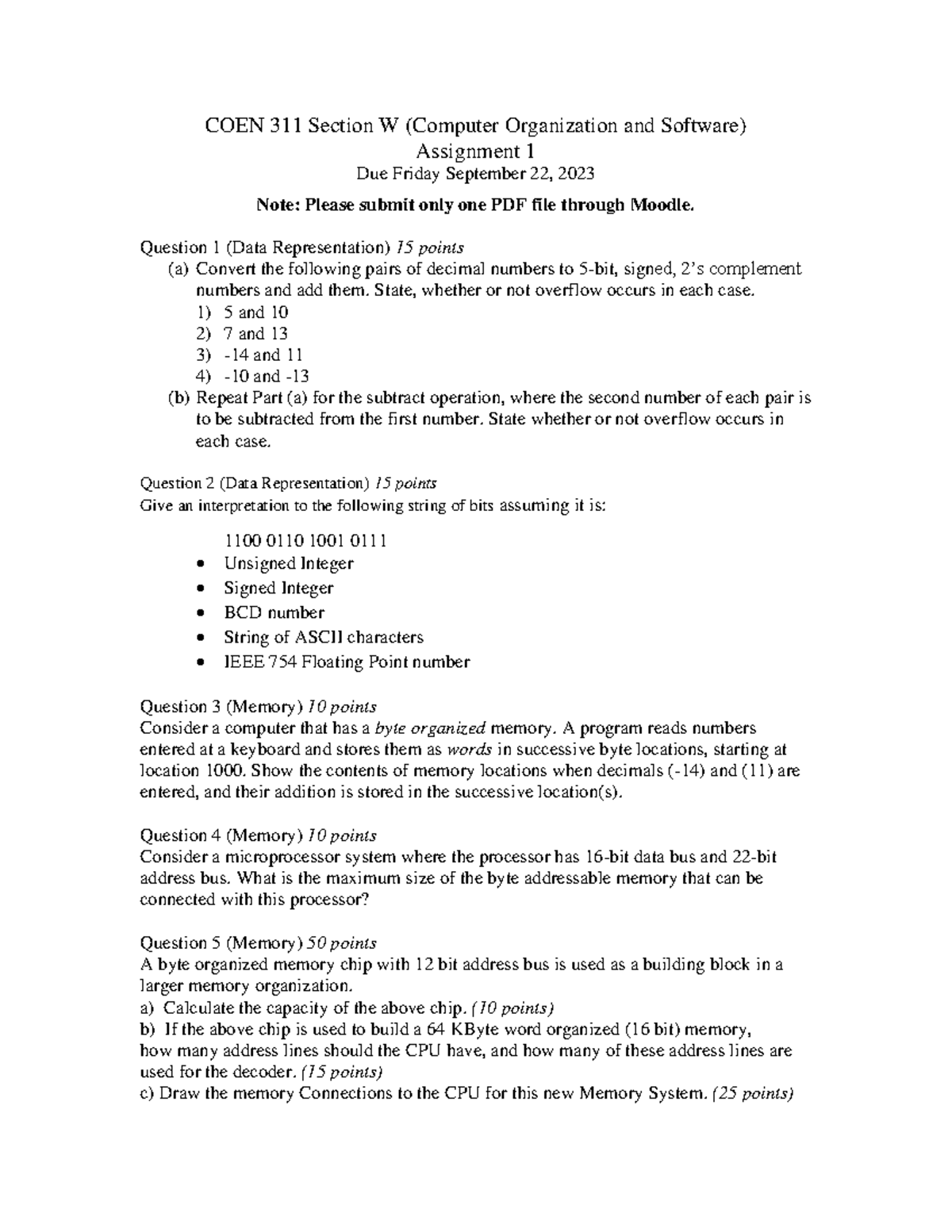 Assignment 1 - COEN 311 Section W (Computer Organization and Software ...