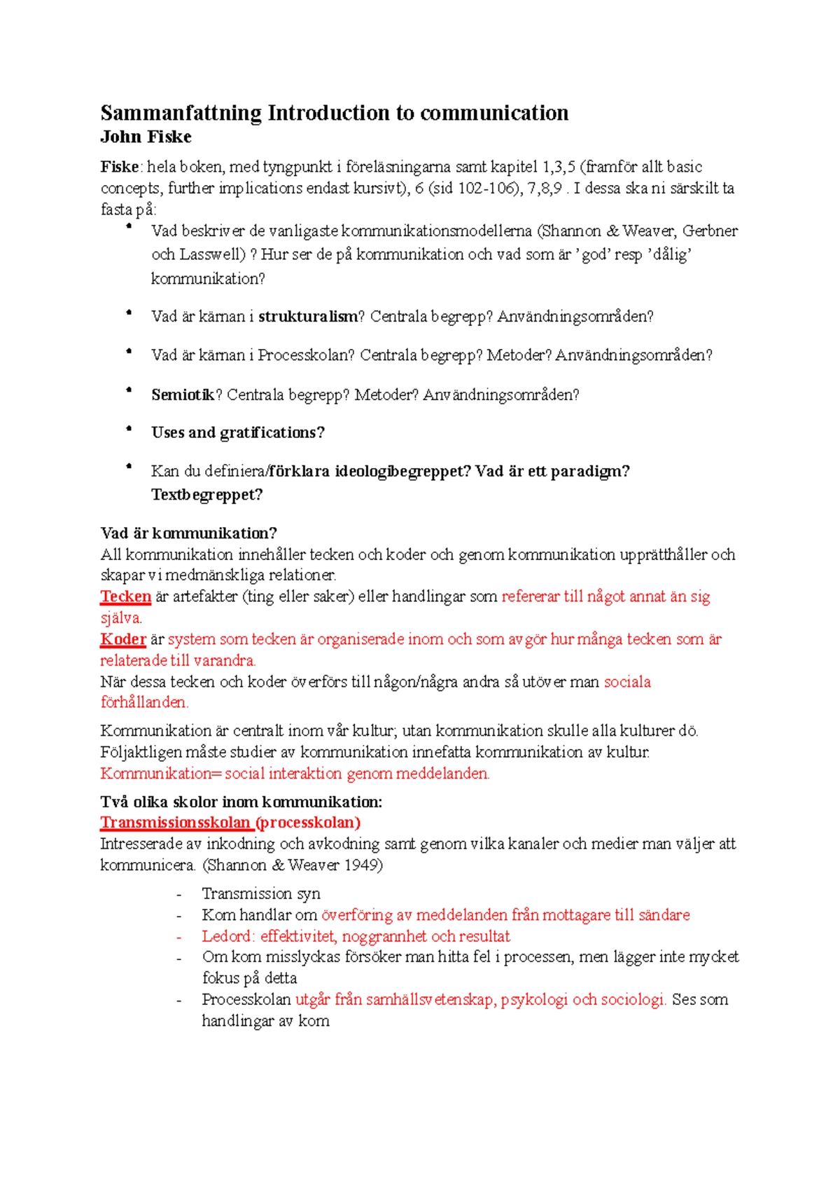 Fiske - sammanfattning PDF - Introduction to Communication Studies ...