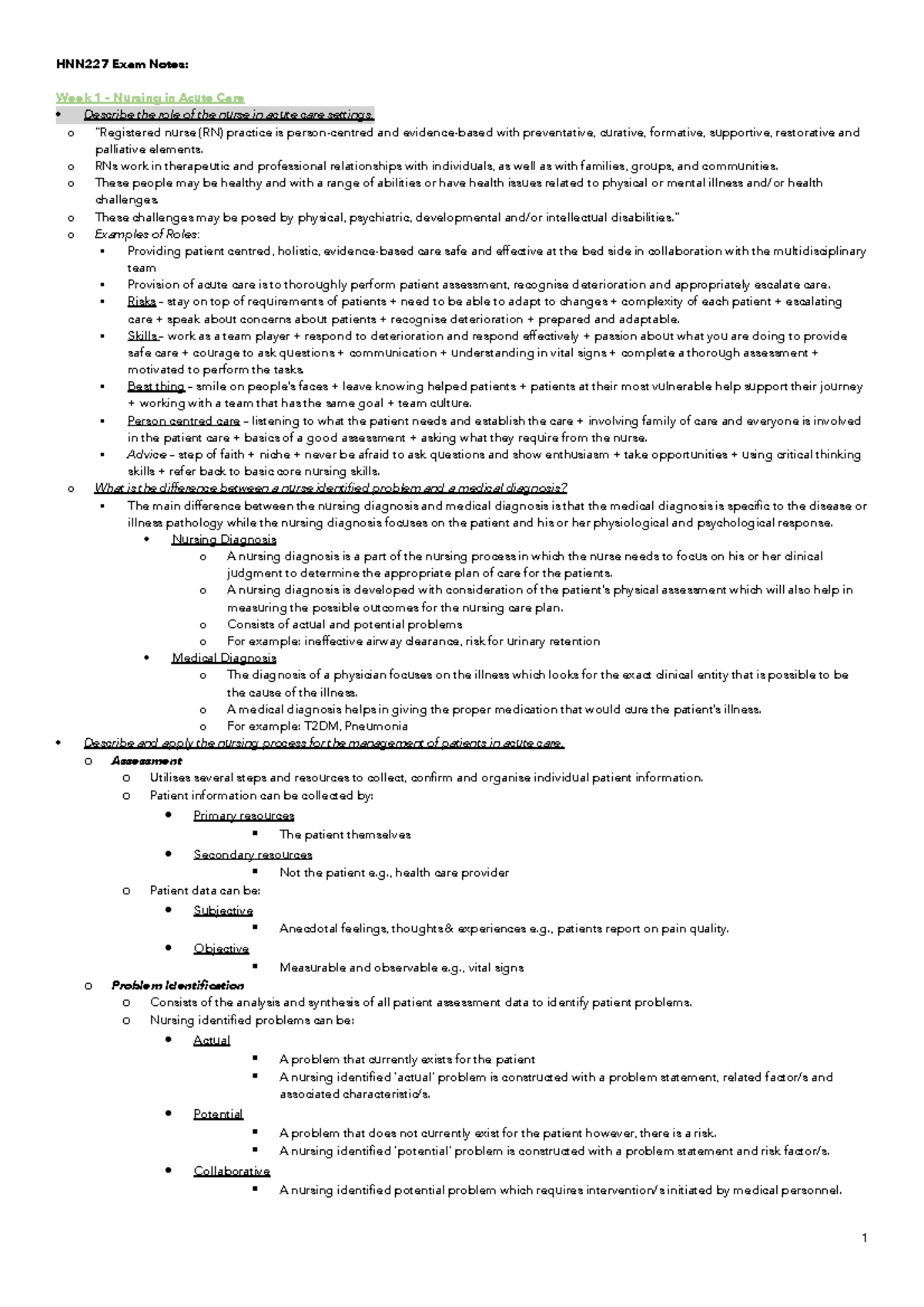 HNN227 Exam Notes - HNN227 Exam Notes: Week 1 – Nursing in Acute Care ...