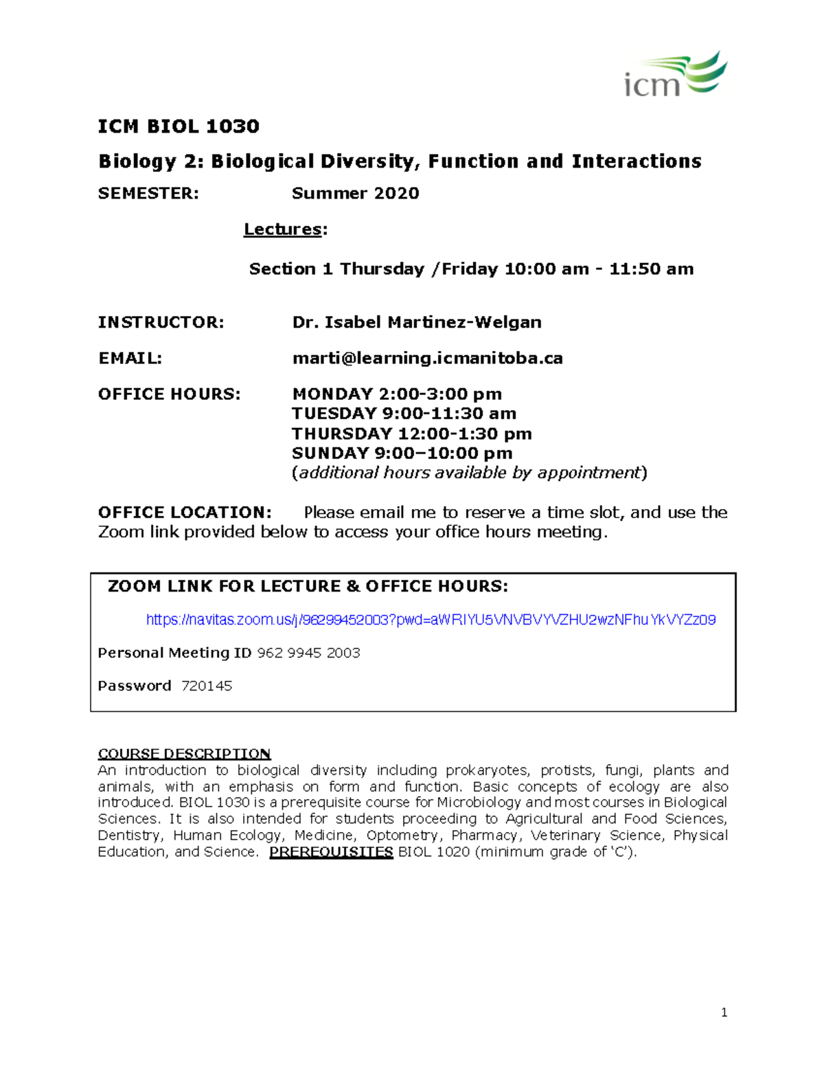ICM BIOL 1030 Course Outline Important Dates Summer 2020 - ICM BIOL ...