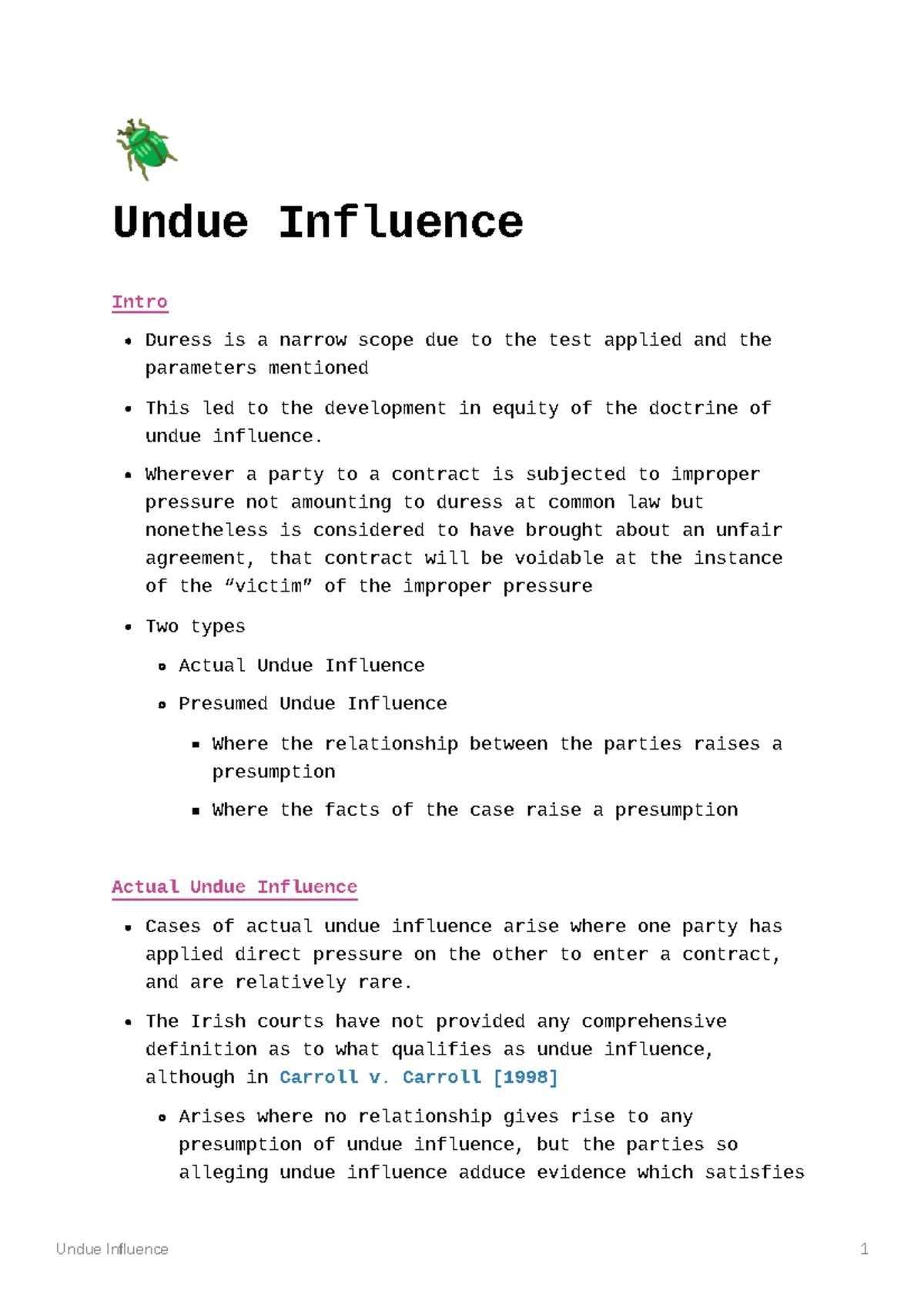 Undue Influence Notes - Contract: Vitiating Factors - UCD - Studocu