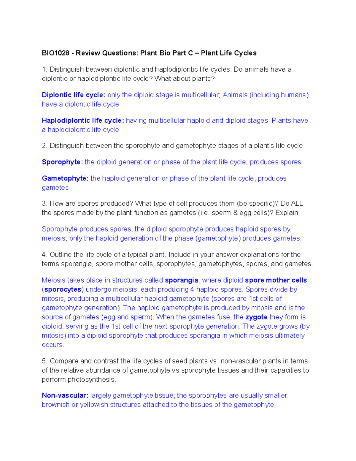 Study Guide Plant Bio Part C - BIO1028 - Review Questions: Plant Bio ...