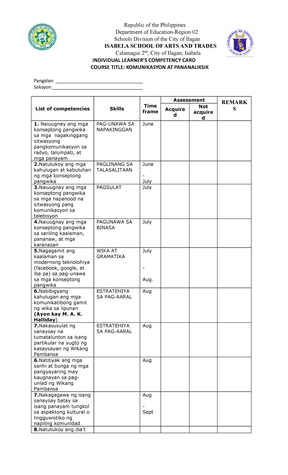 Competency CARD - Republic of the Philippines Department of Education ...