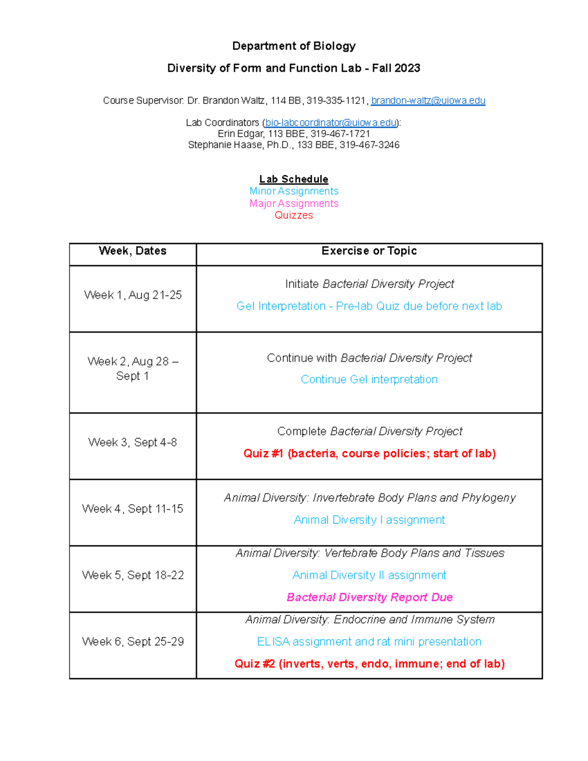 DFF lab syllabus FA2023 - Department of Biology Diversity of Form and ...