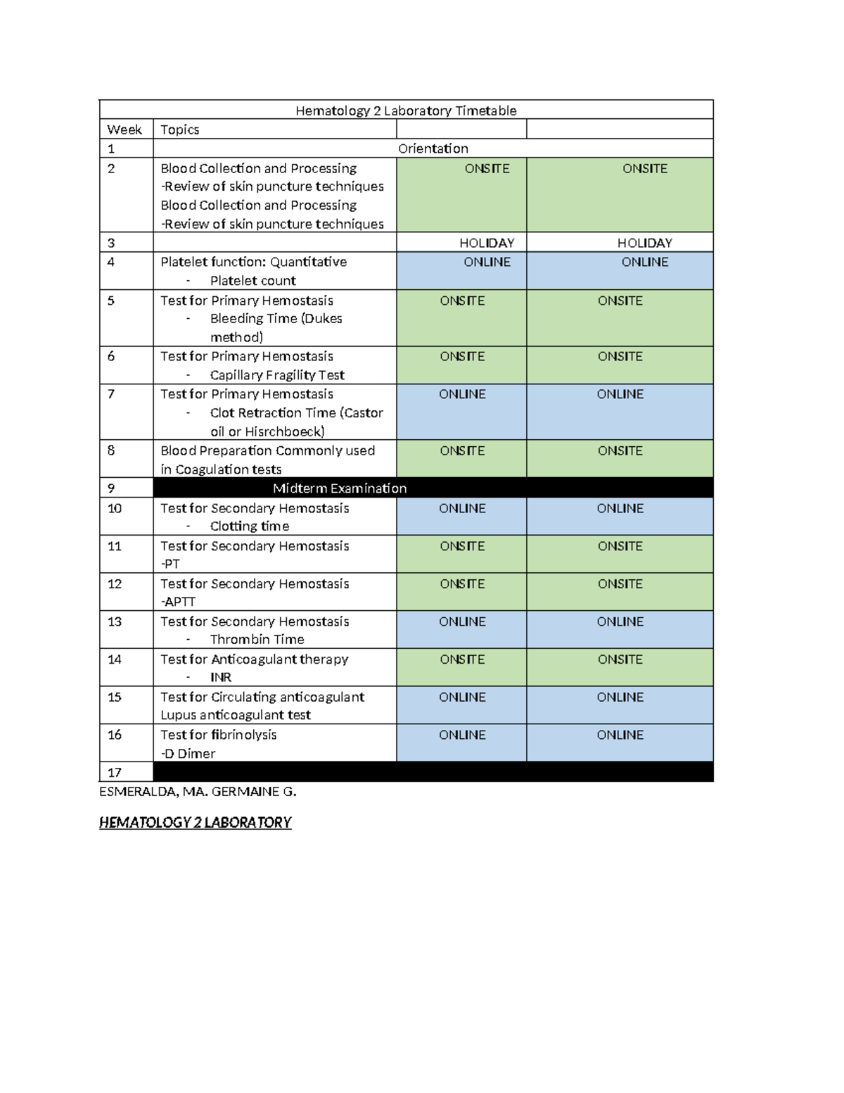 Hematology 2 Laboratory Timetable - Hematology 2 Laboratory Timetable ...