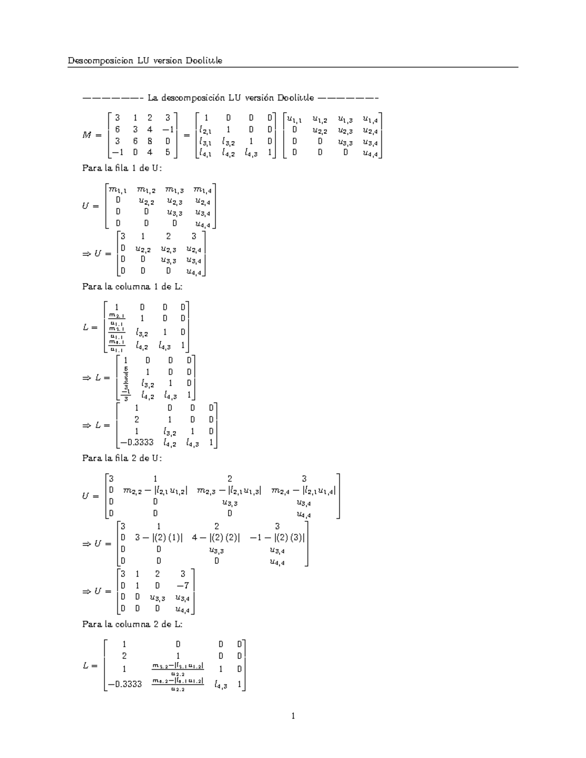 Ejercicio Descomposición LU Doolittle - Descomposicion LU version ...