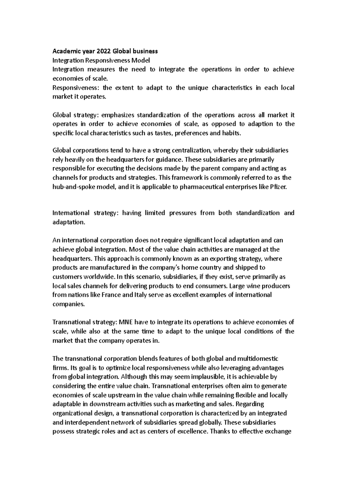 IR Model - Lecture summaries - Academic year 2022 Global business ...