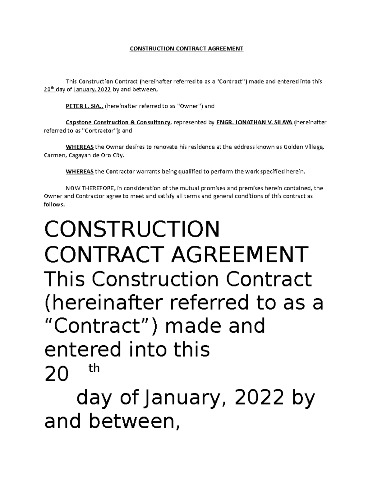 Construction Contract Agreement - CONSTRUCTION CONTRACT AGREEMENT This ...