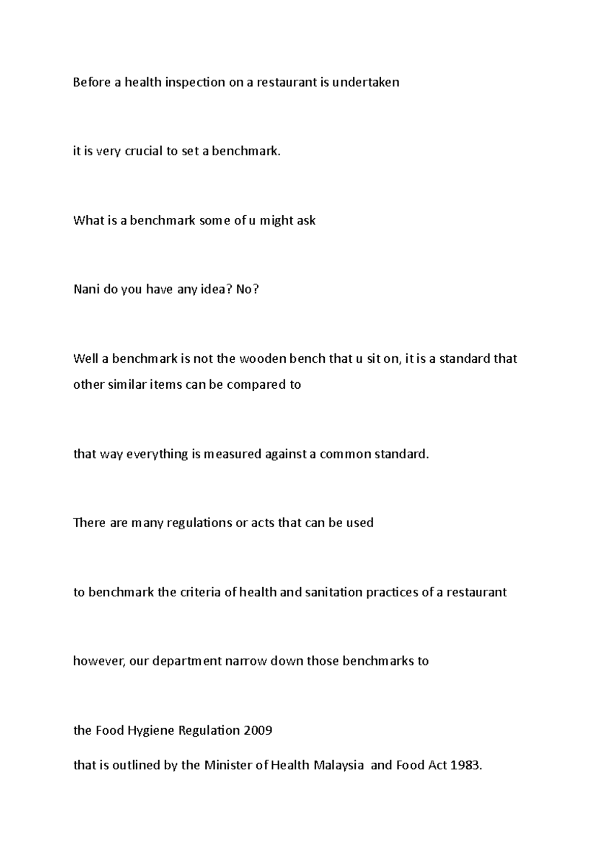 ORAL AC - Oral script - Before a health inspection on a restaurant is ...
