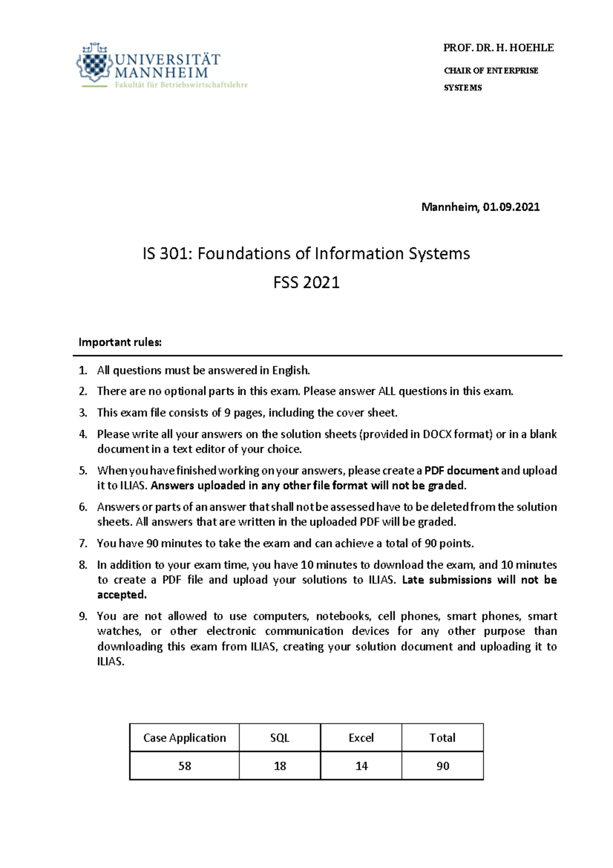 IS301 Second Exam Tasks 2020 - PROF. DR. H. HOEHLE CHAIR OF ENTERPRISE ...