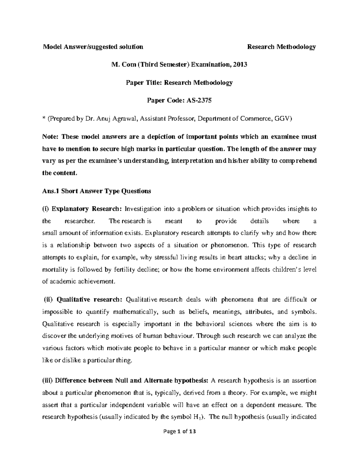 Some question mod1 - Mcqs - Model Answer/suggested solution Research ...