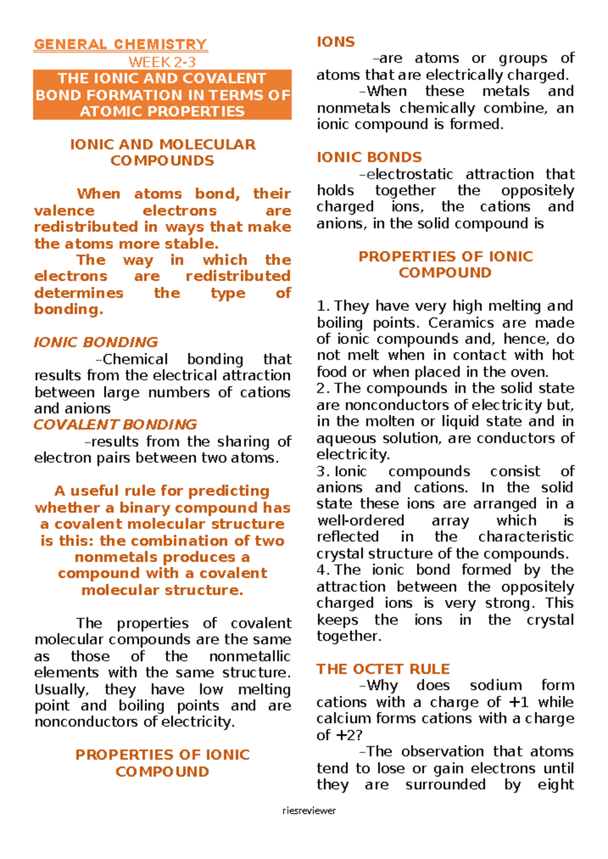 Gen chem reviewer - GENERAL CHEMISTRY WEEK 2- THE IONIC AND COVALENT ...
